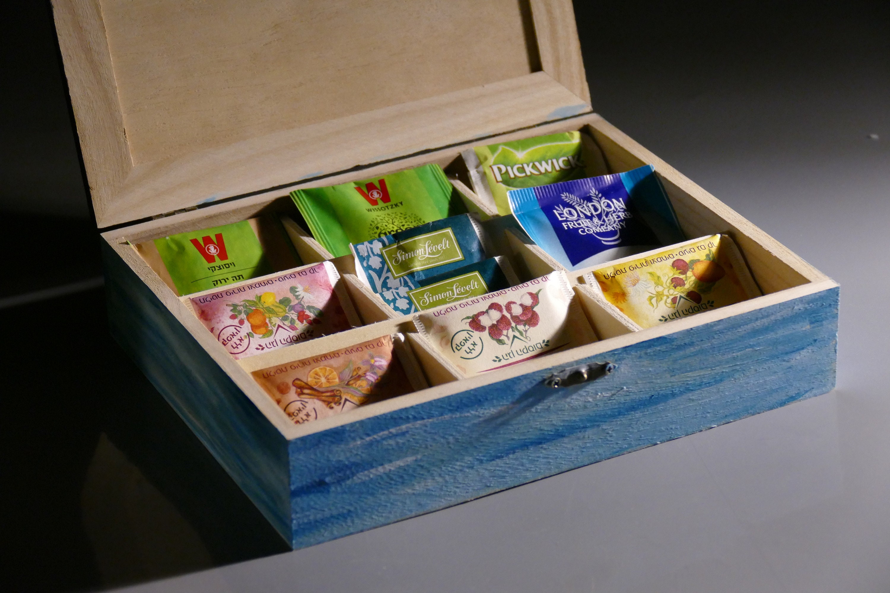 Wooden Tea Box With 9 Compartments and Latch, Hand Painted Rustic Tea ...