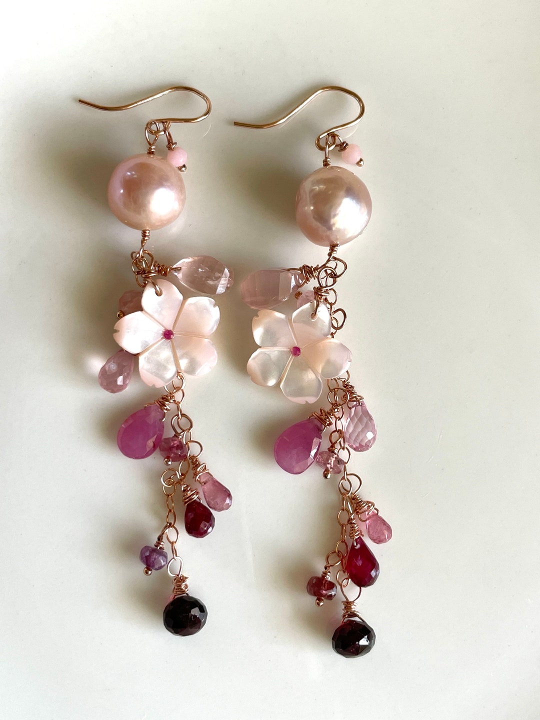 Pink Edison Pearl and Sakura Blossom Ombré Gemstone Earrings in 14K ...