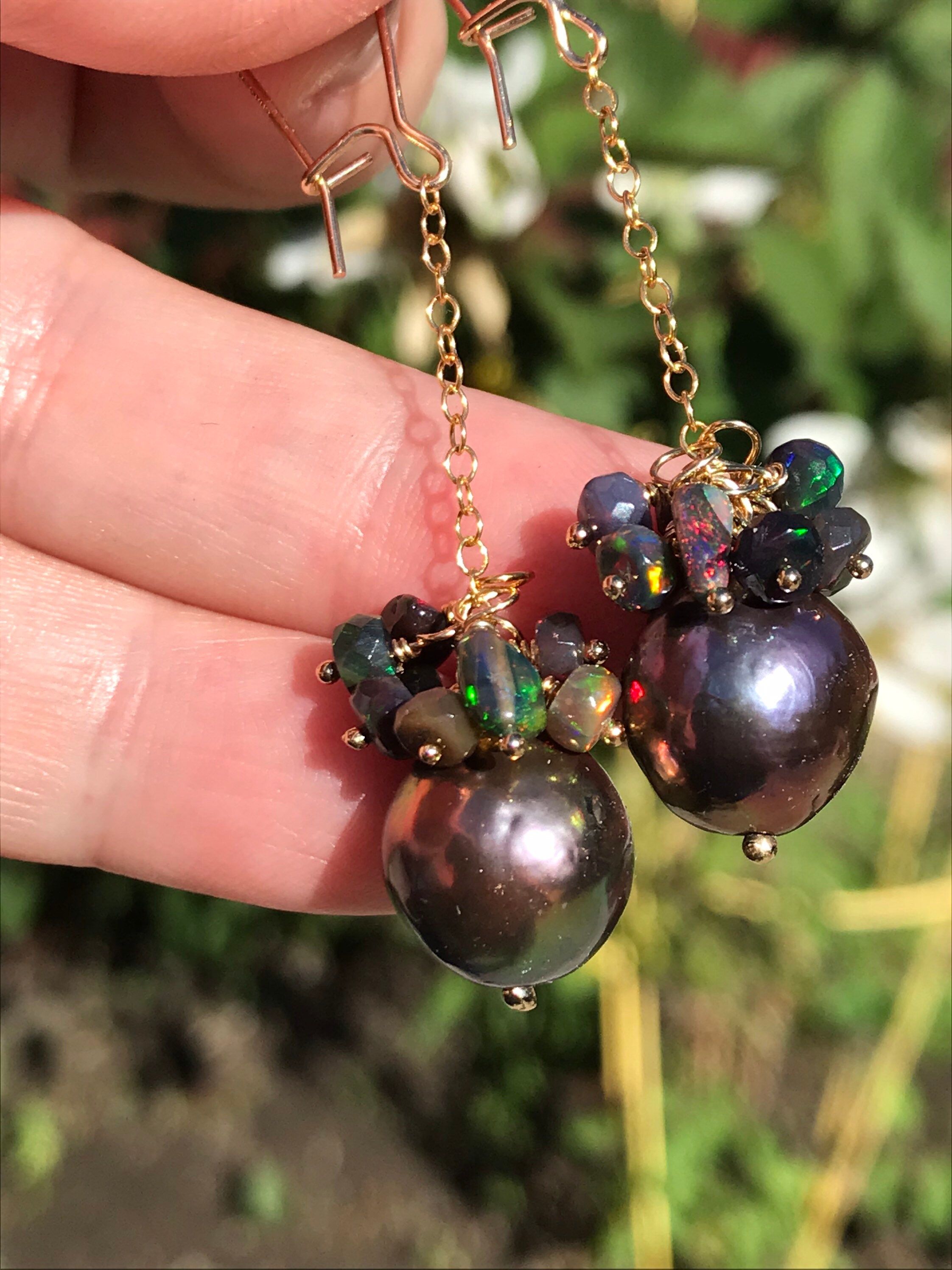 Black Edison Pearl and Ethiopian Opal Earrings - Etsy