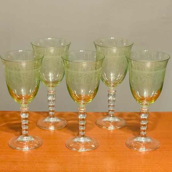 Green Tinted Etched Wine Glasses Etsy
