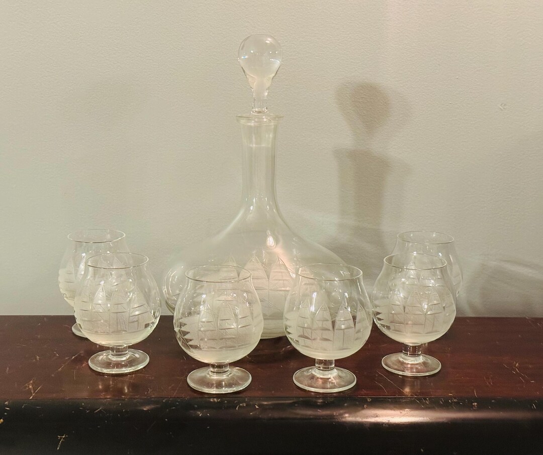 1970s Vintage 1980s Crystal Glass Decanter Set Clipper Toscany 6 Small ...