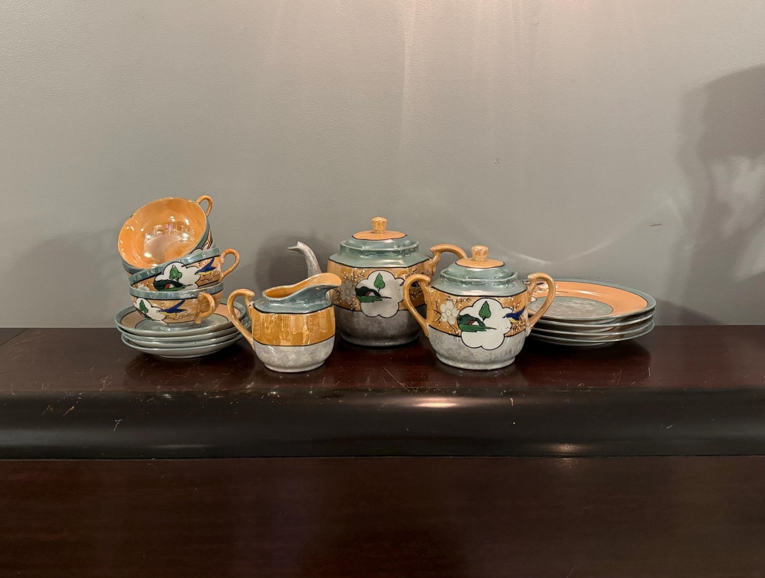 Tea Set Vintage 1950s 15 Piece Set Japanese Lusterware Porcelain Bird ...