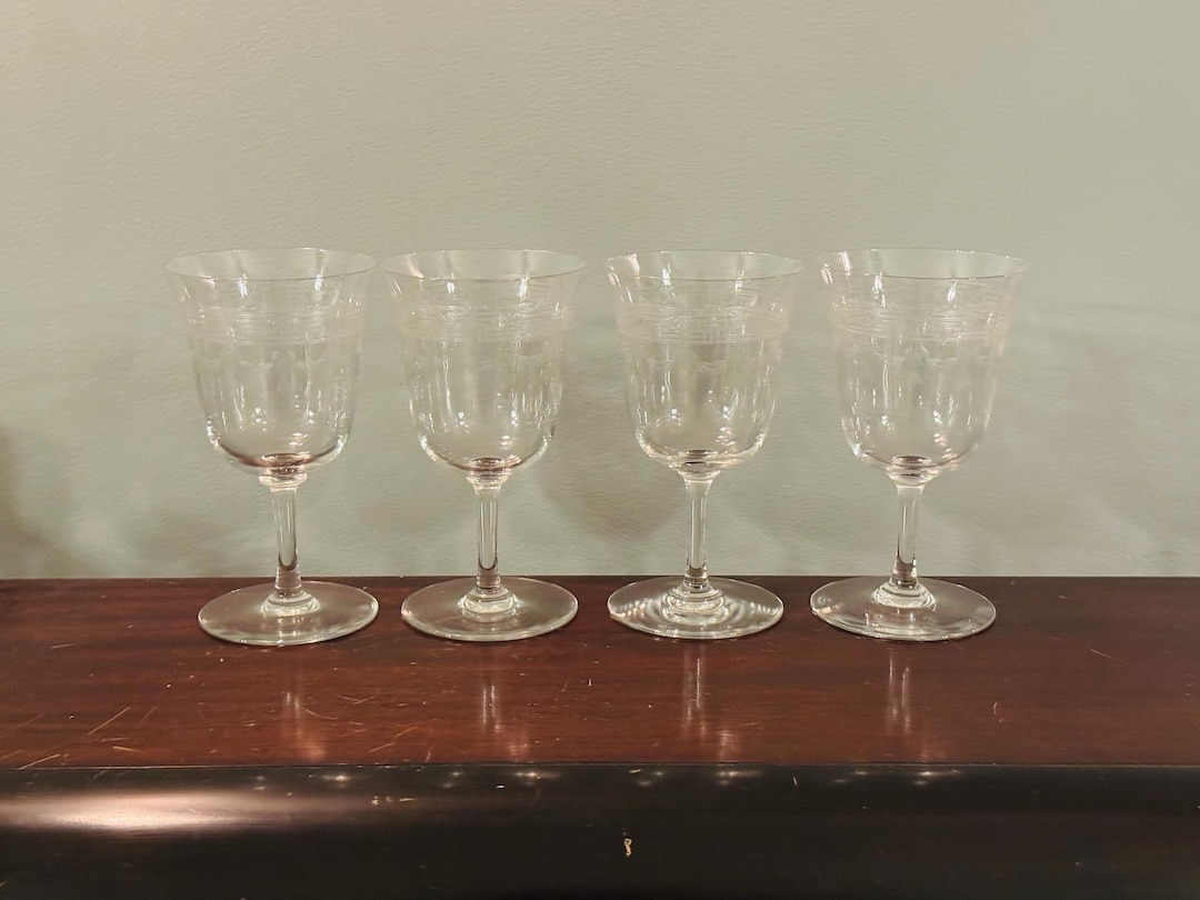 Wine Glasses Water Goblets Set of 4 Art Deco Stemware Etched Crystal ...