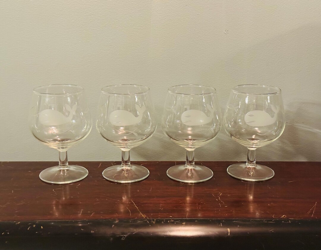 Snifter or Wine Glasses Etched Whale Design Set of 4 Maritime Nautical ...