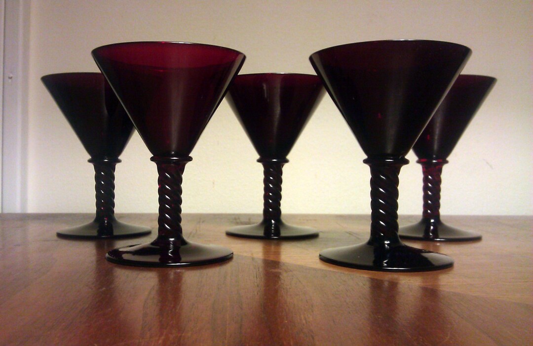 Set of 5 Vintage Dark Red Martini-shaped Small Cordial or Sampler Twist ...