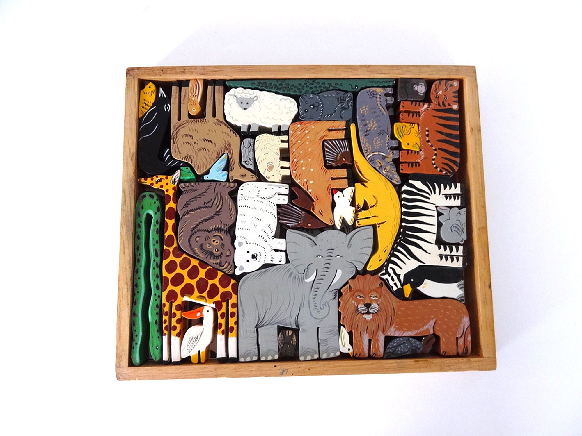 Vintage 33 Piece Hand Painted Wood Interlocking Animal Puzzle Games ...