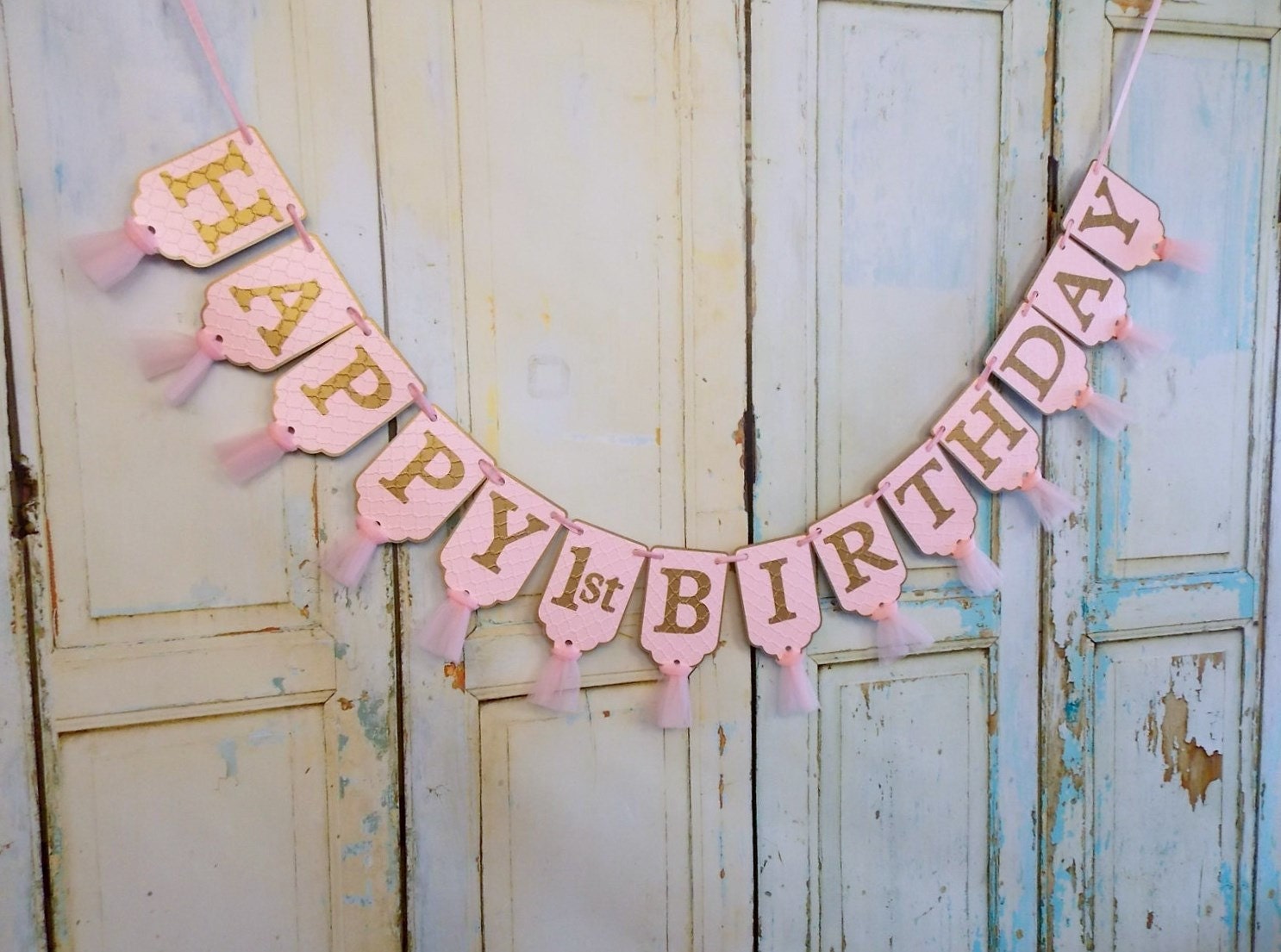 Happy 1st Birthday Banner Pink and Gold Banner With Tulle - Etsy