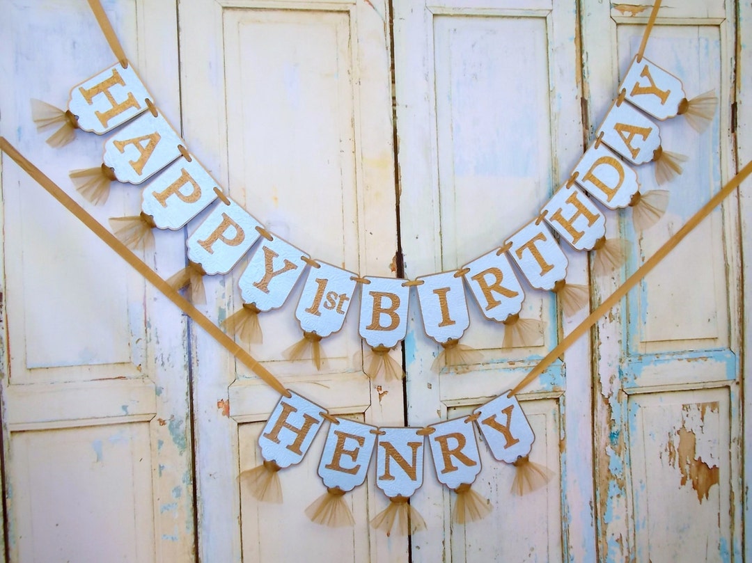Happy 1st Birthday Banner, Boys Name Optional, Baby Blue and Gold ...