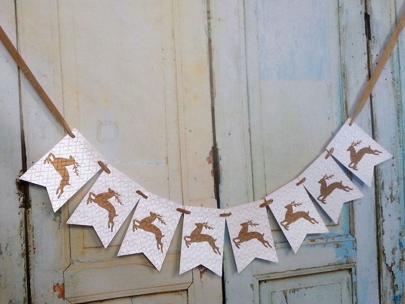 Reindeer Banner Embossed Cream and Gold Banner Christmas - Etsy