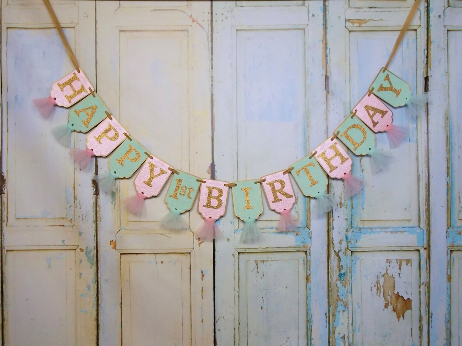Happy 1st Birthday Banner, Embossed Mint Pink and Gold Banner With ...