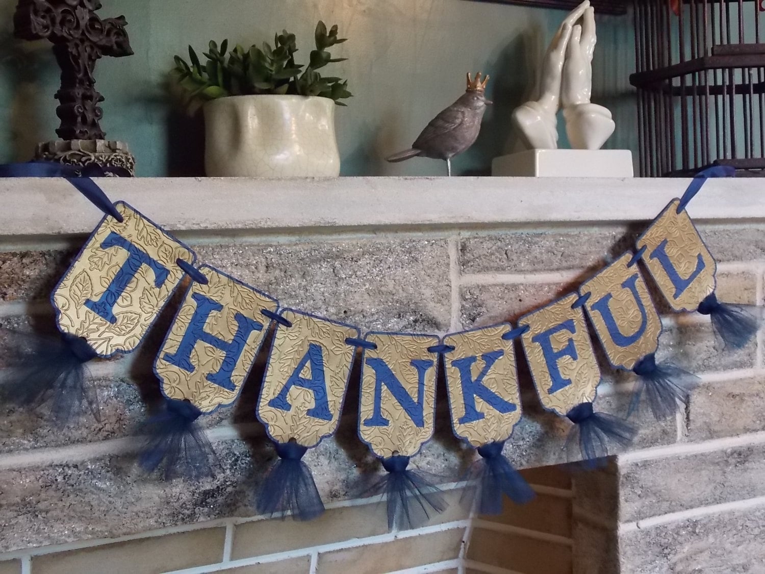 Thankful Banner in Navy Blue and Gold Embossed Banner with | Etsy