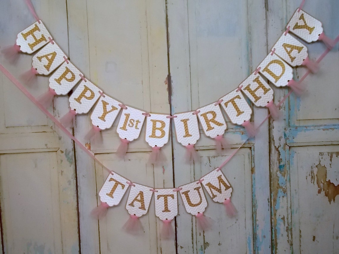 Happy 1st Birthday Banner Embossed Cream Pink and Gold Banner - Etsy