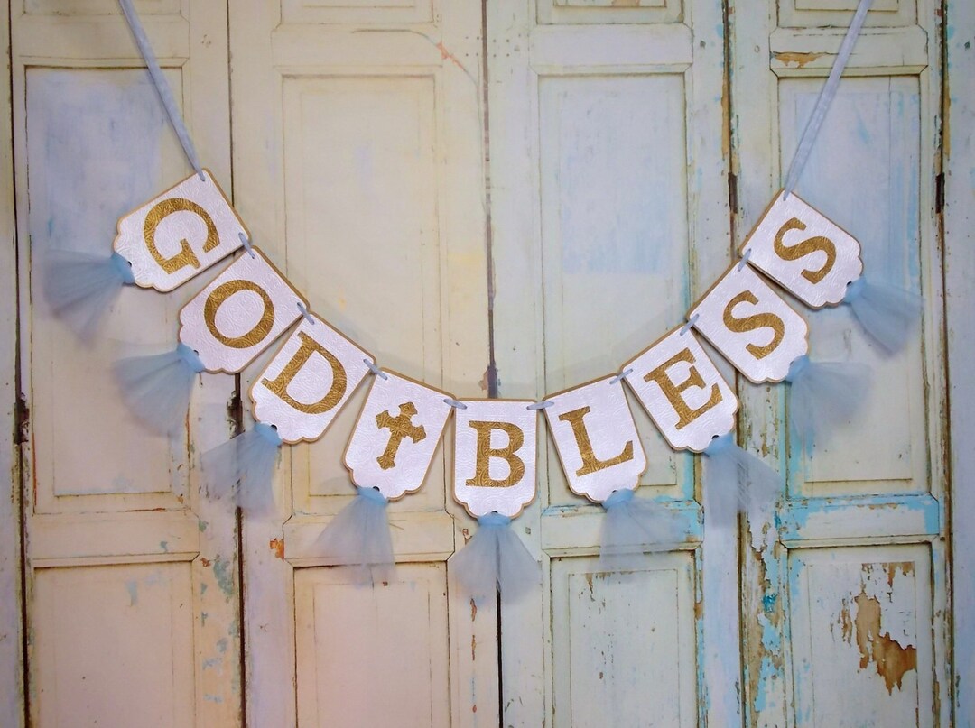 God Bless Banner: White, Blue & Gold Christening Decoration - Etsy