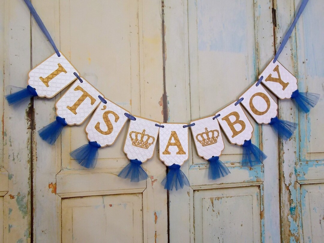 It's A Boy Banner With Crowns, Embossed White Blue and Gold Banner With ...