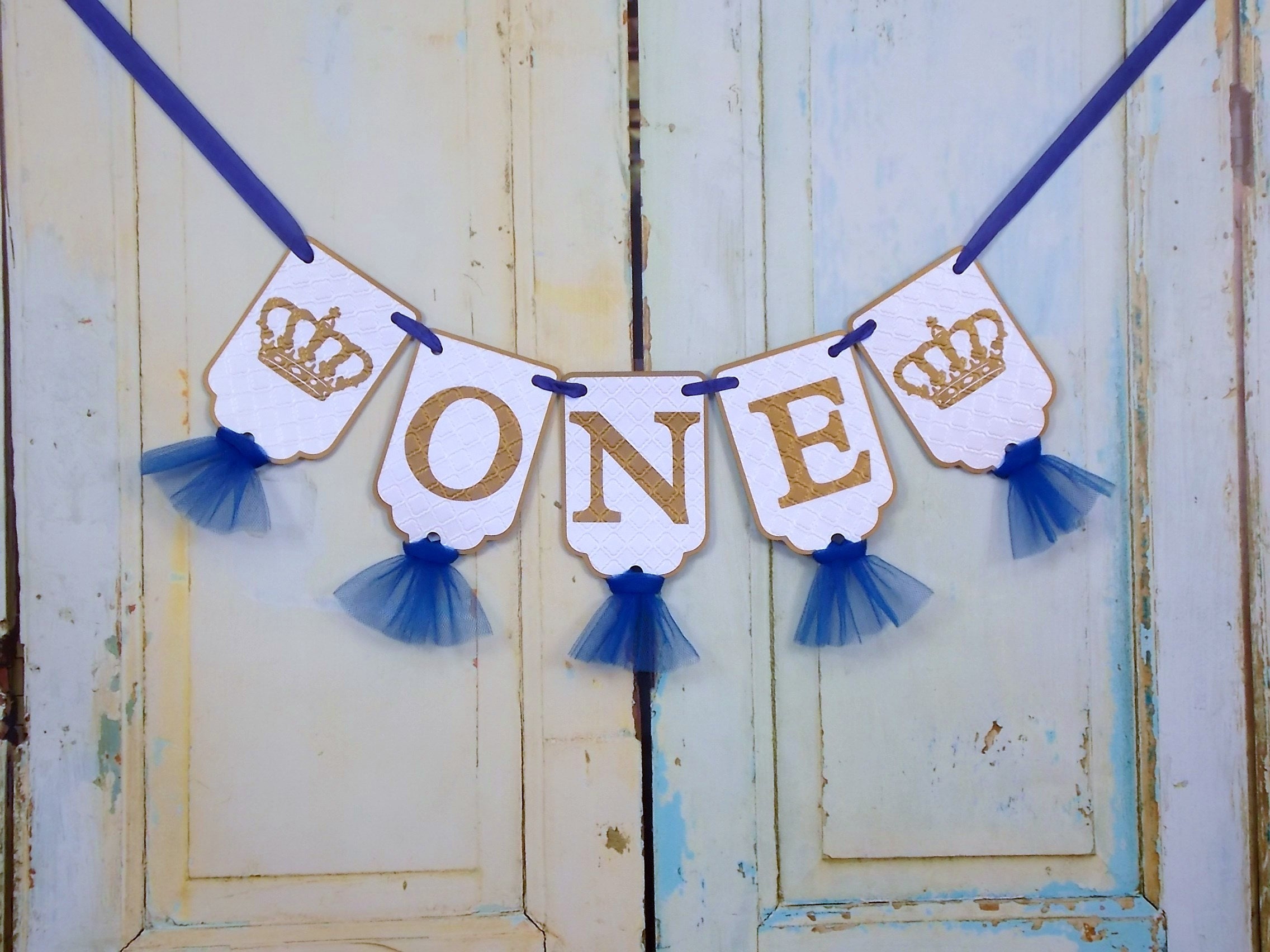 One Banner with Crowns White Royal Blue and Gold Banner with | Etsy