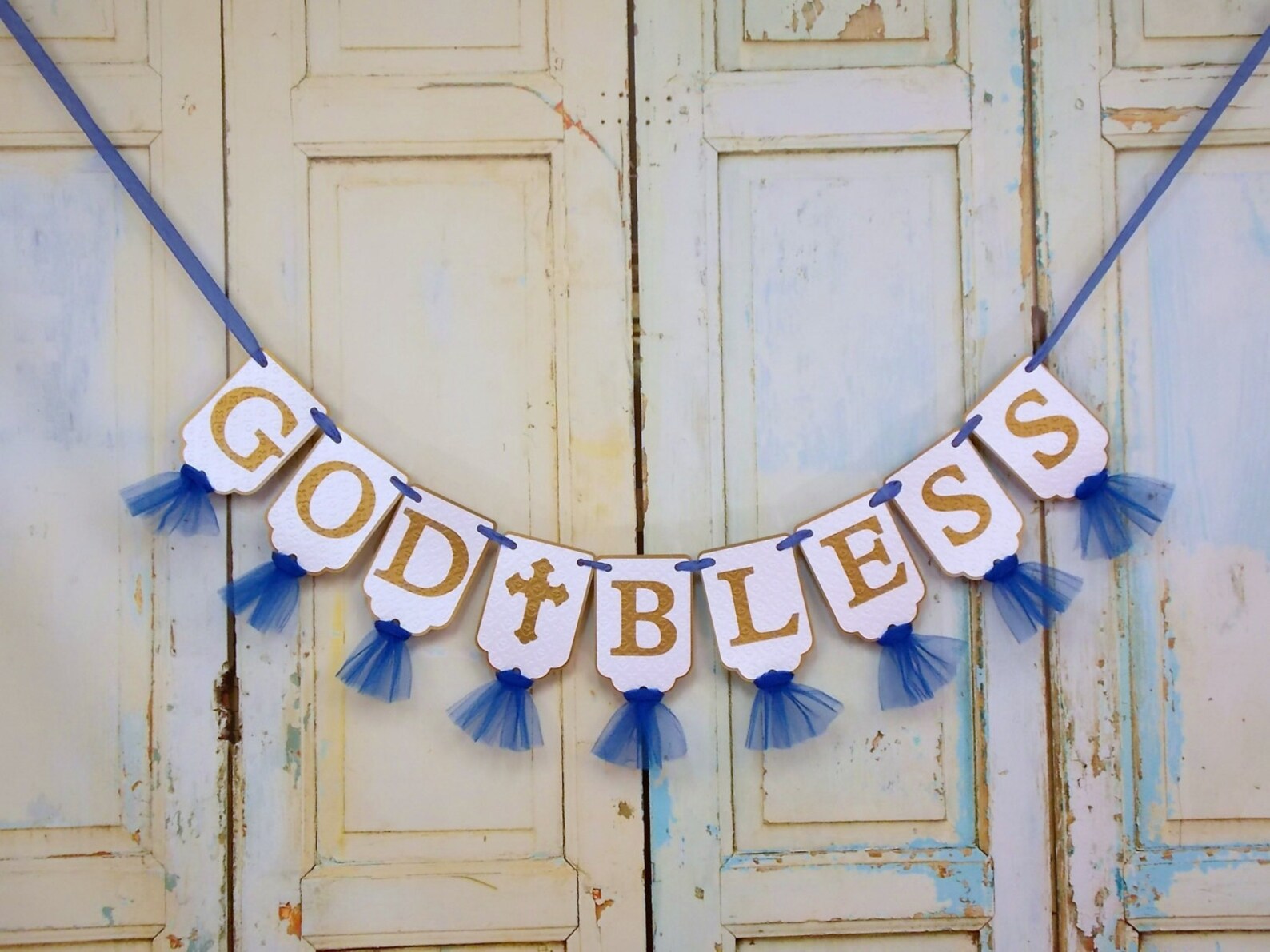 God Bless Banner White Blue and Gold Baptism Decoration - Etsy