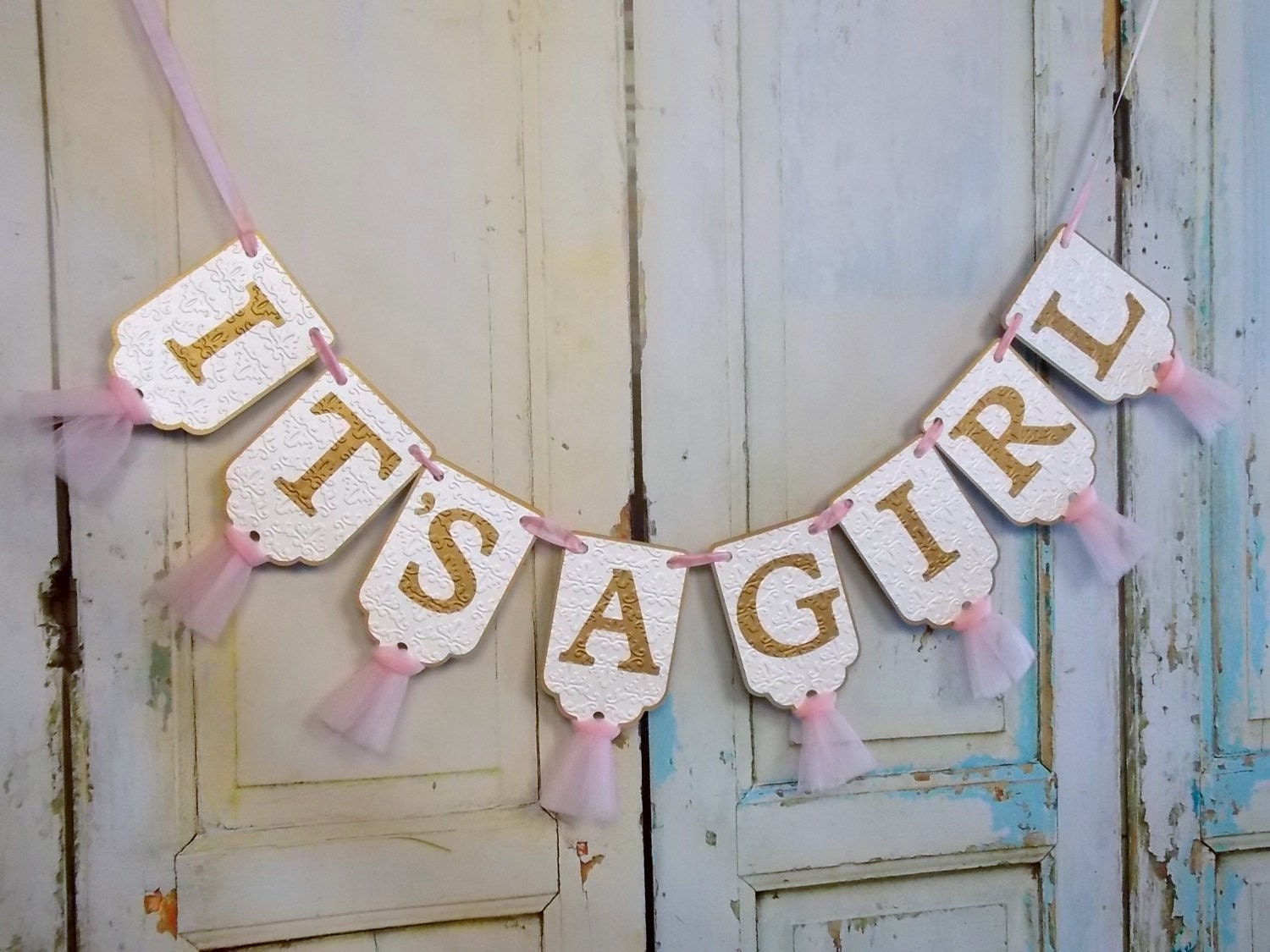 It's A Girl Banner Embossed Cream Pink and Gold Banner | Etsy