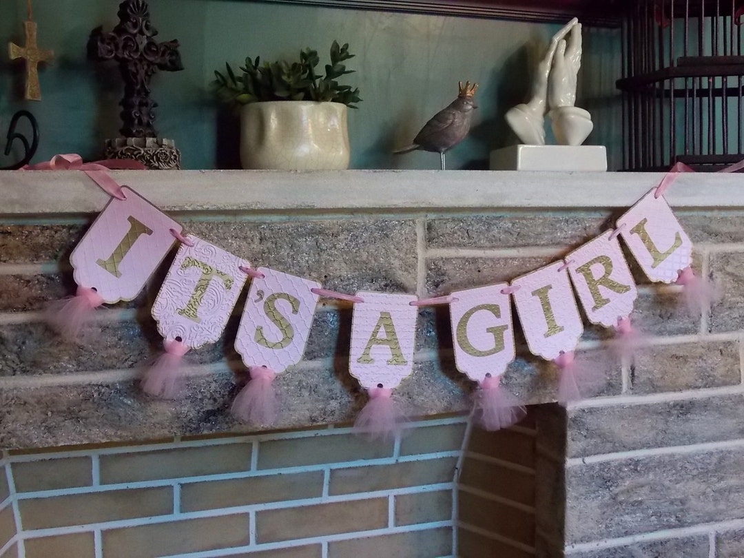 It's A Girl Banner, Embossed Pink and Gold Banner With Tulle, Baby Girl ...