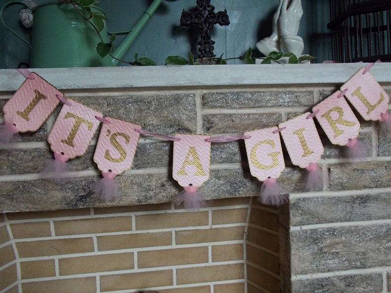 It's a Girl Banner Chevron Embossed Pink and Gold Banner | Etsy