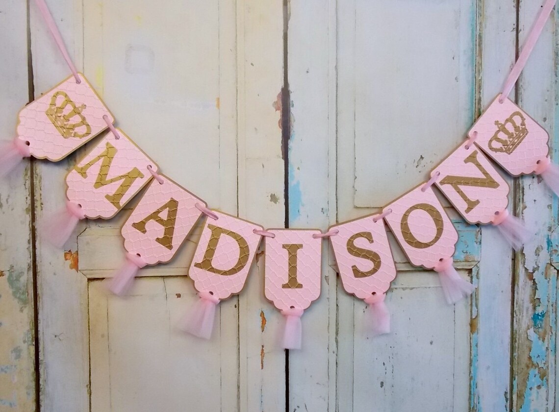 Girls Name Banner With Crowns Embossed Pink and Gold Banner - Etsy