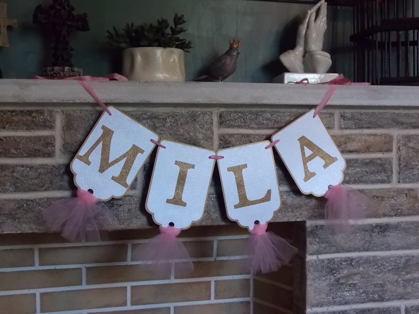 Girls Custom Name Banner, Large Size Embossed White Pink and Gold ...