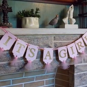 It's A Girl Banner, Embossed Pink and Gold Banner With Tulle, Baby Girl ...