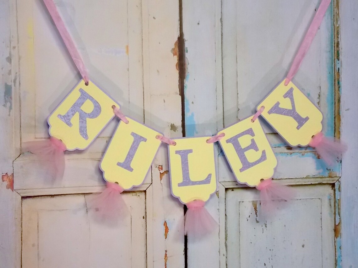 Girls Name Banner Yellow Pink and Gray Banner With Tulle - Etsy