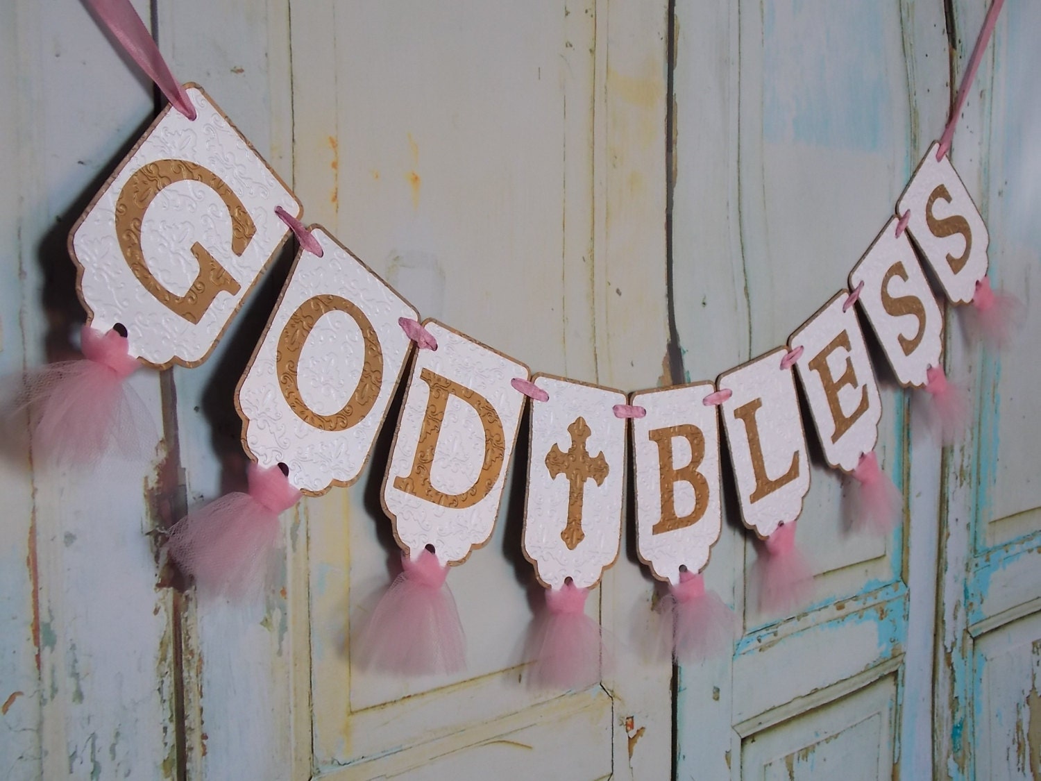 God Bless Banner White Pink Gold Girls Baptism Banner Girls - Etsy