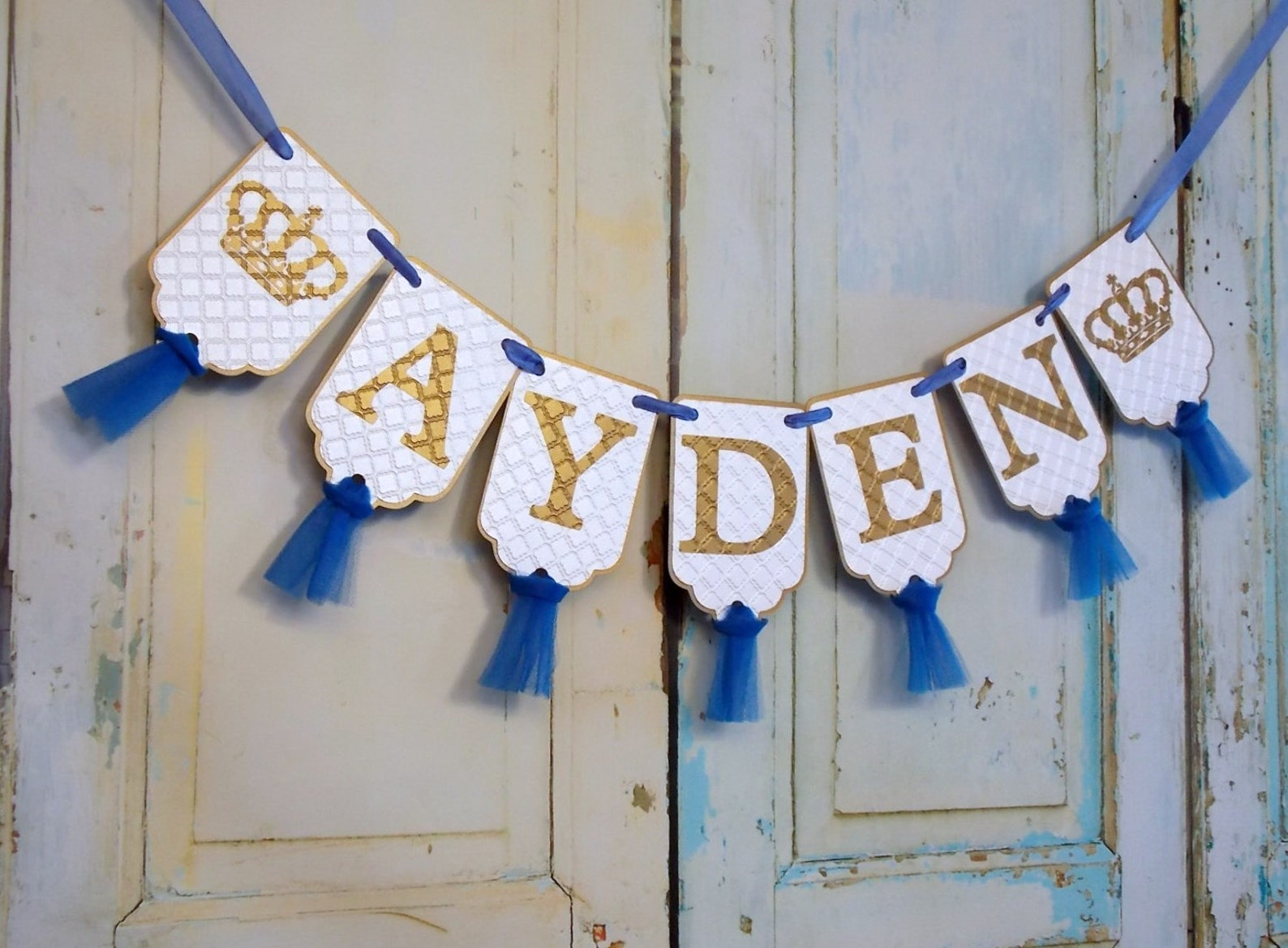 Custom Name Banner With Crowns White Blue and Gold Banner - Etsy