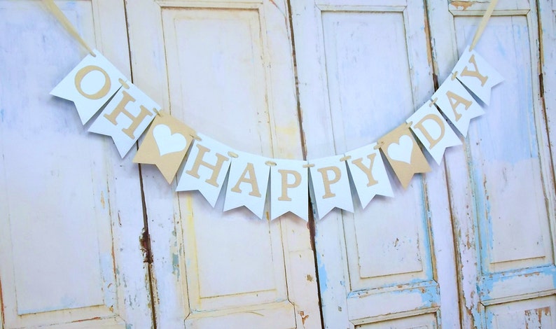 Oh Happy Day Banner With Hearts Pale Aqua and Gold Banner - Etsy