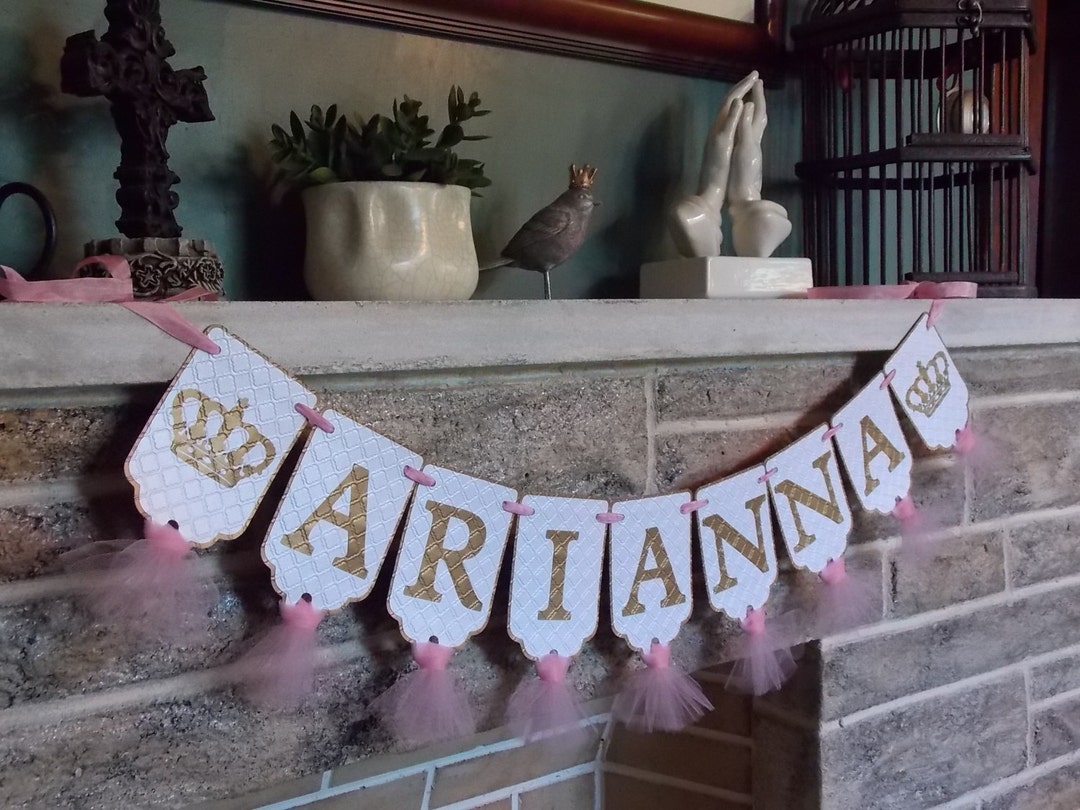 Girl's Custom Name Banner With Crowns White Pink and Gold - Etsy