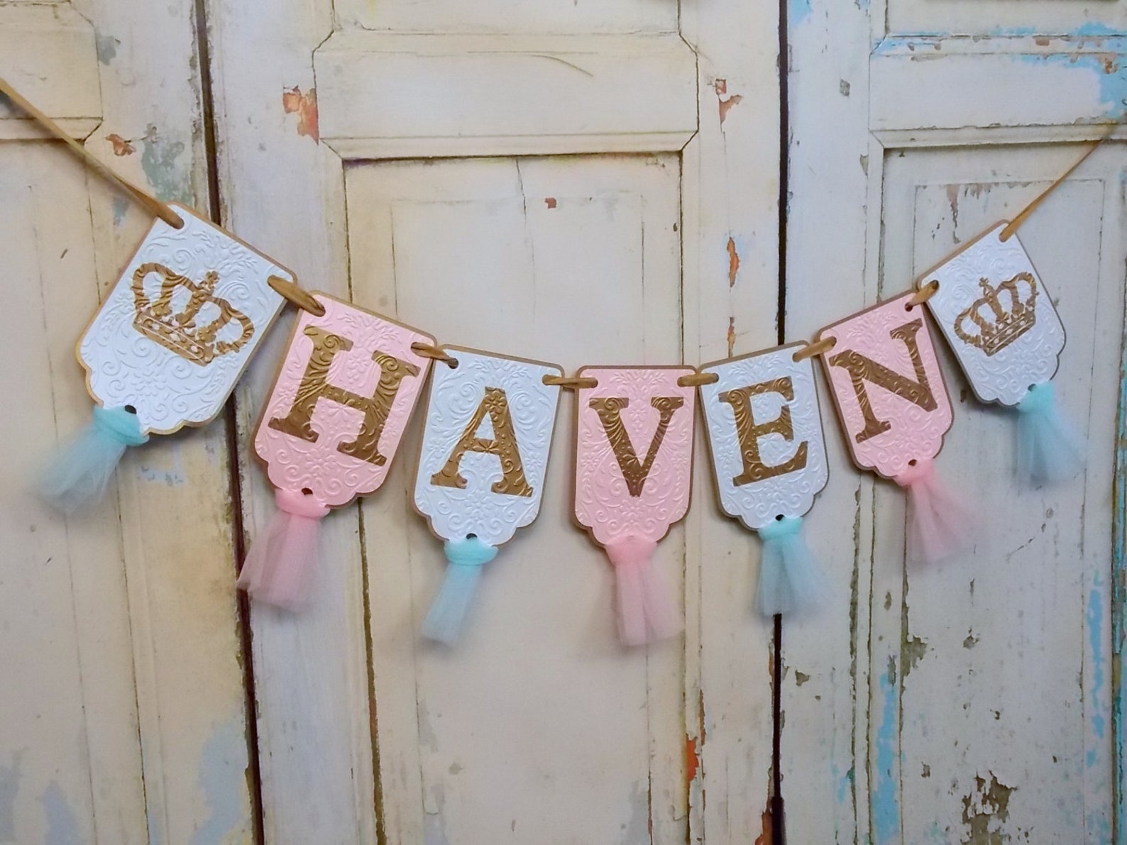 Girls Name Banner With Crowns Embossed Aqua Pink and Gold - Etsy