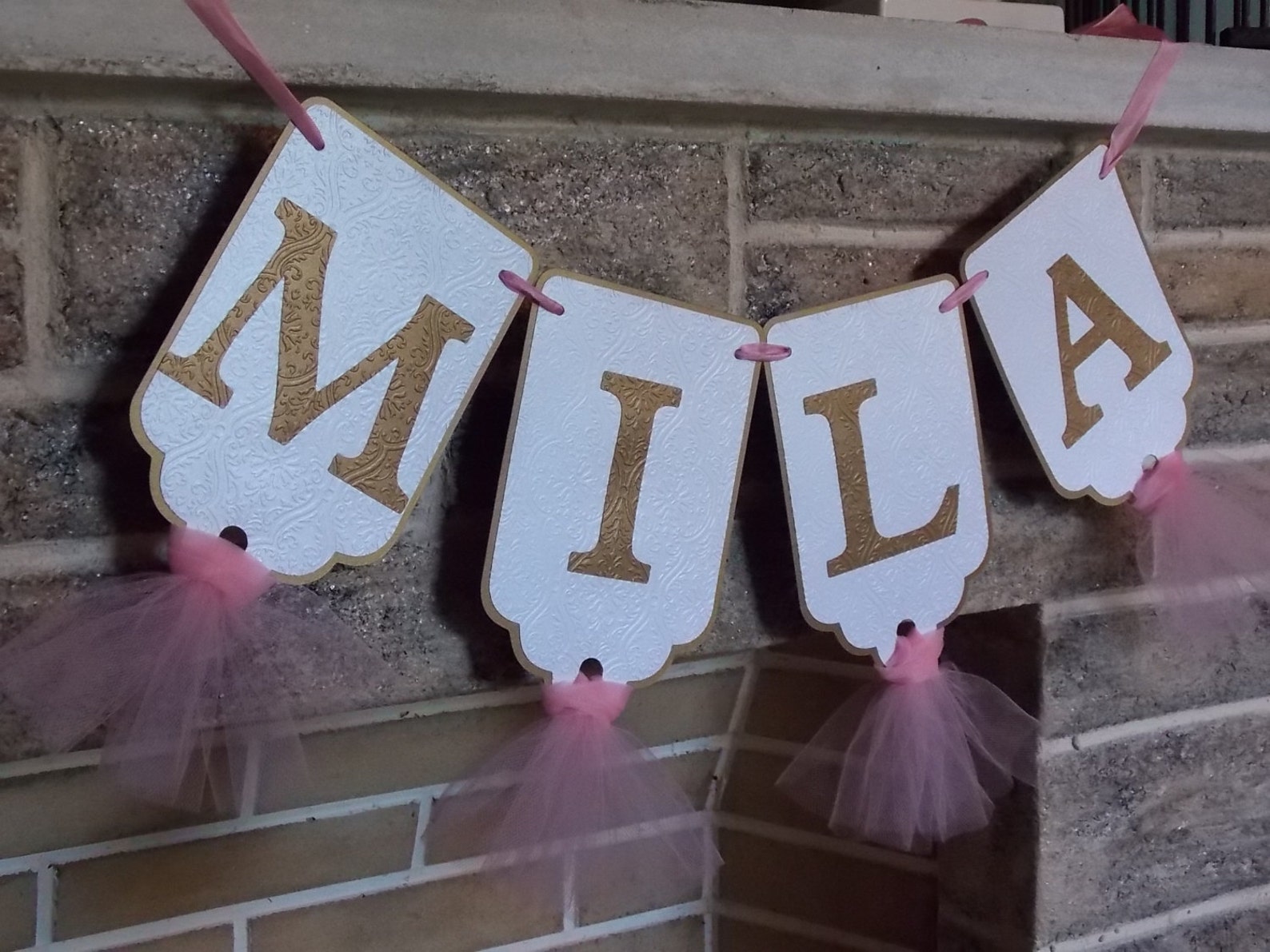 Girls Custom Name Banner, Large Size Embossed White Pink and Gold ...
