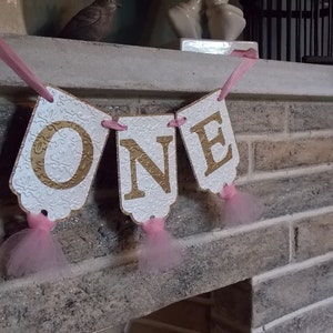 One Banner Embossed Cream Pink and Gold Banner with Tulle | Etsy