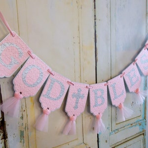 God Bless Baptism Banner in Pink and Silver, Christening Decoration ...
