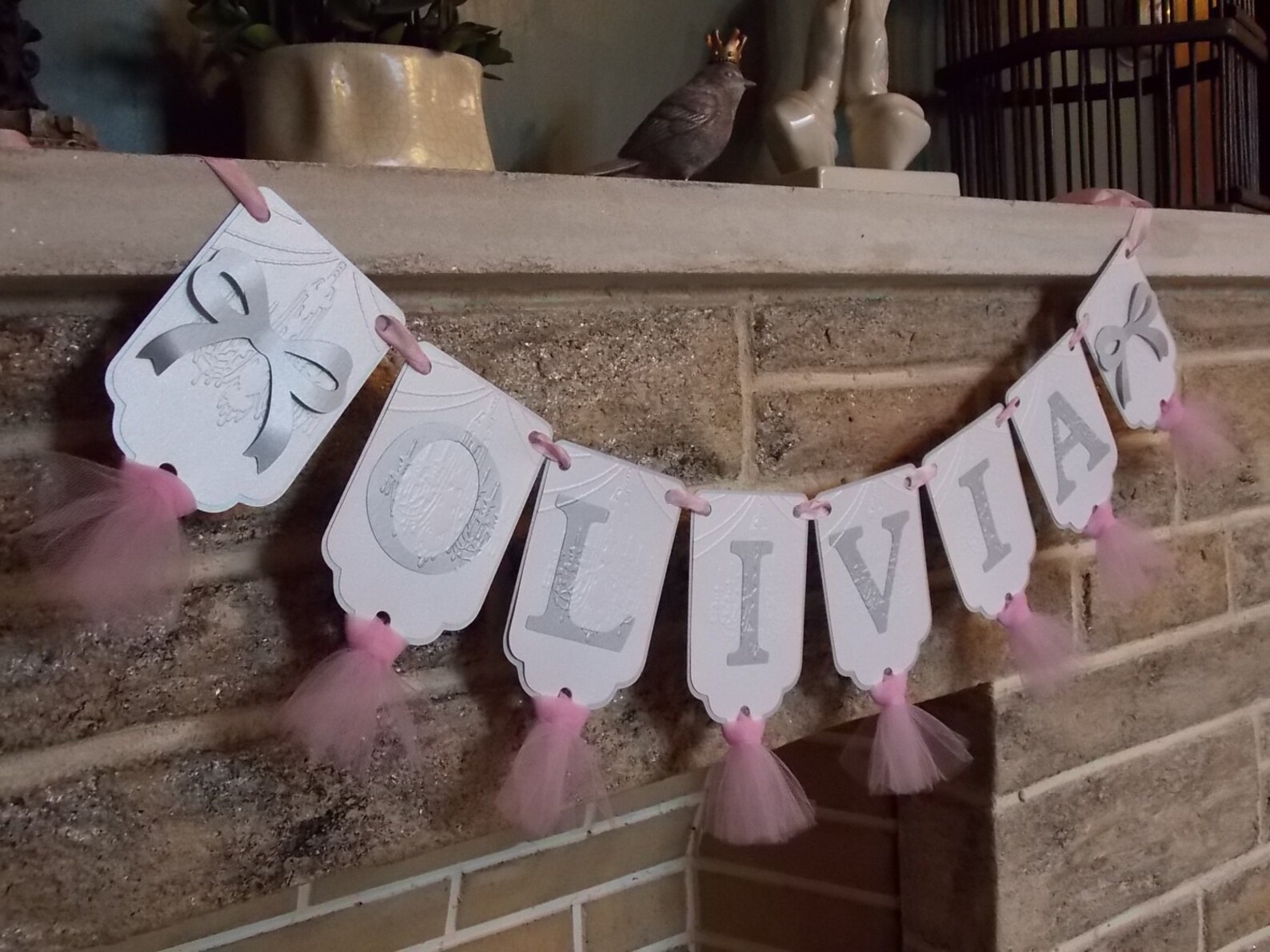 Girl's Name Banner With Bows, Embossed White, Pink and Silver Banner ...