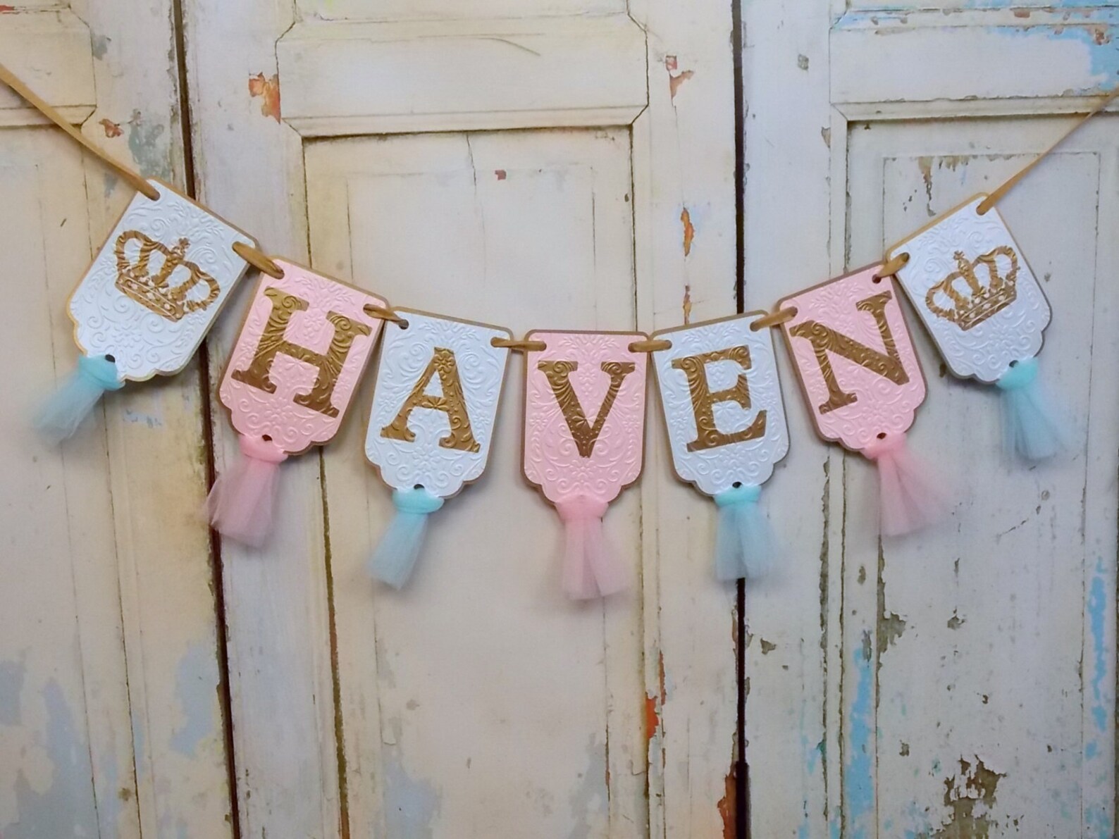 Girls Name Banner With Crowns Embossed Aqua Pink and Gold - Etsy