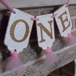 One Banner Embossed Cream Pink and Gold Banner with Tulle | Etsy