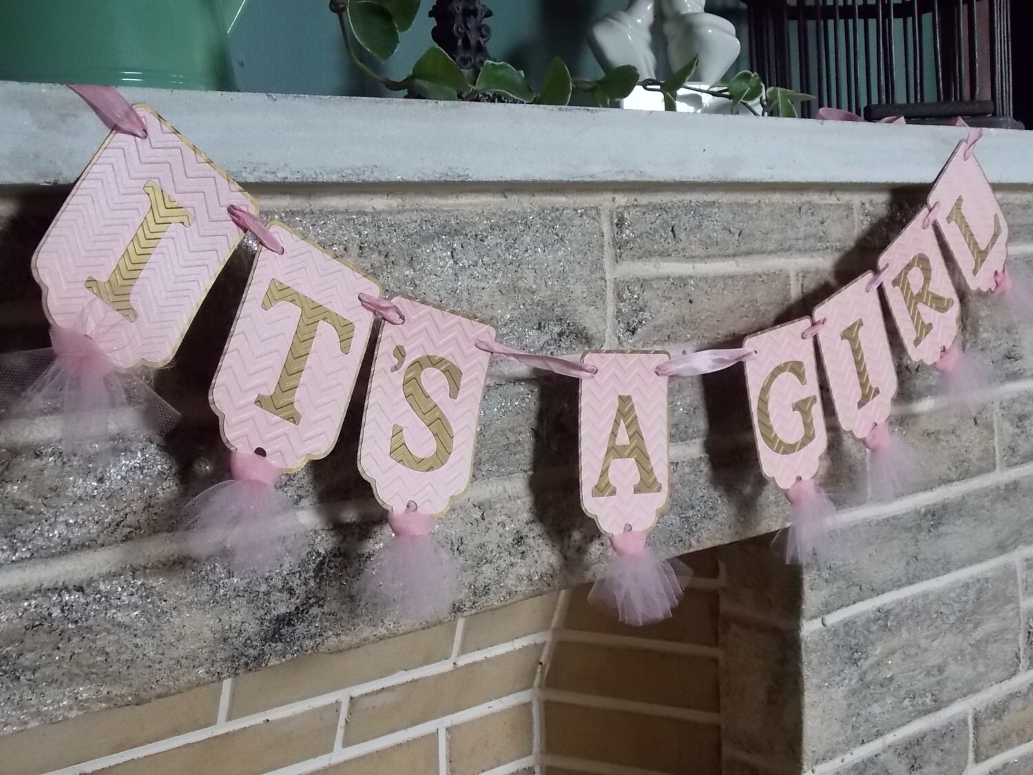 It's a Girl Banner Chevron Embossed Pink and Gold Banner | Etsy