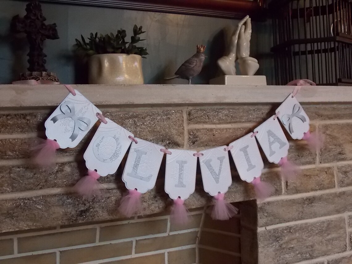 Girl's Name Banner With Bows, Embossed White, Pink and Silver Banner ...