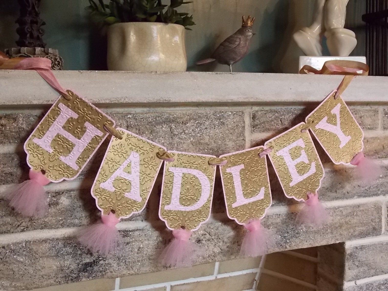 Custom Girl's Name Banner, Embossed Pink and Gold Banner With Tulle ...