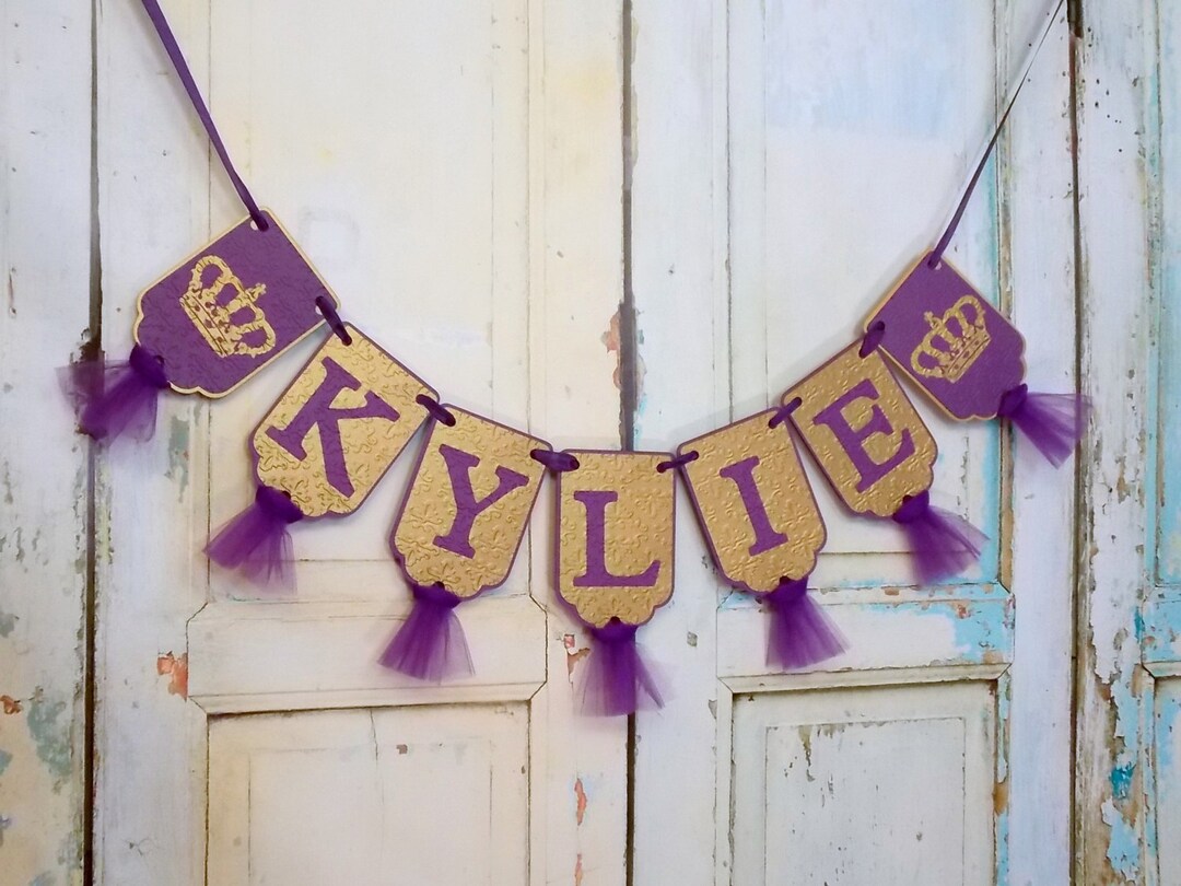 Girls Name Banner With Crowns, Embossed Purple and Gold Banner With ...
