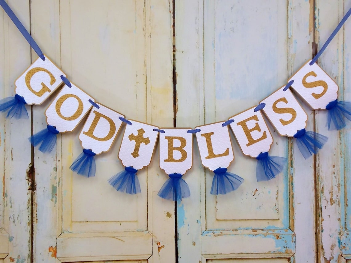 God Bless Banner, White, Blue and Gold Baptism Decoration, Boys Name ...