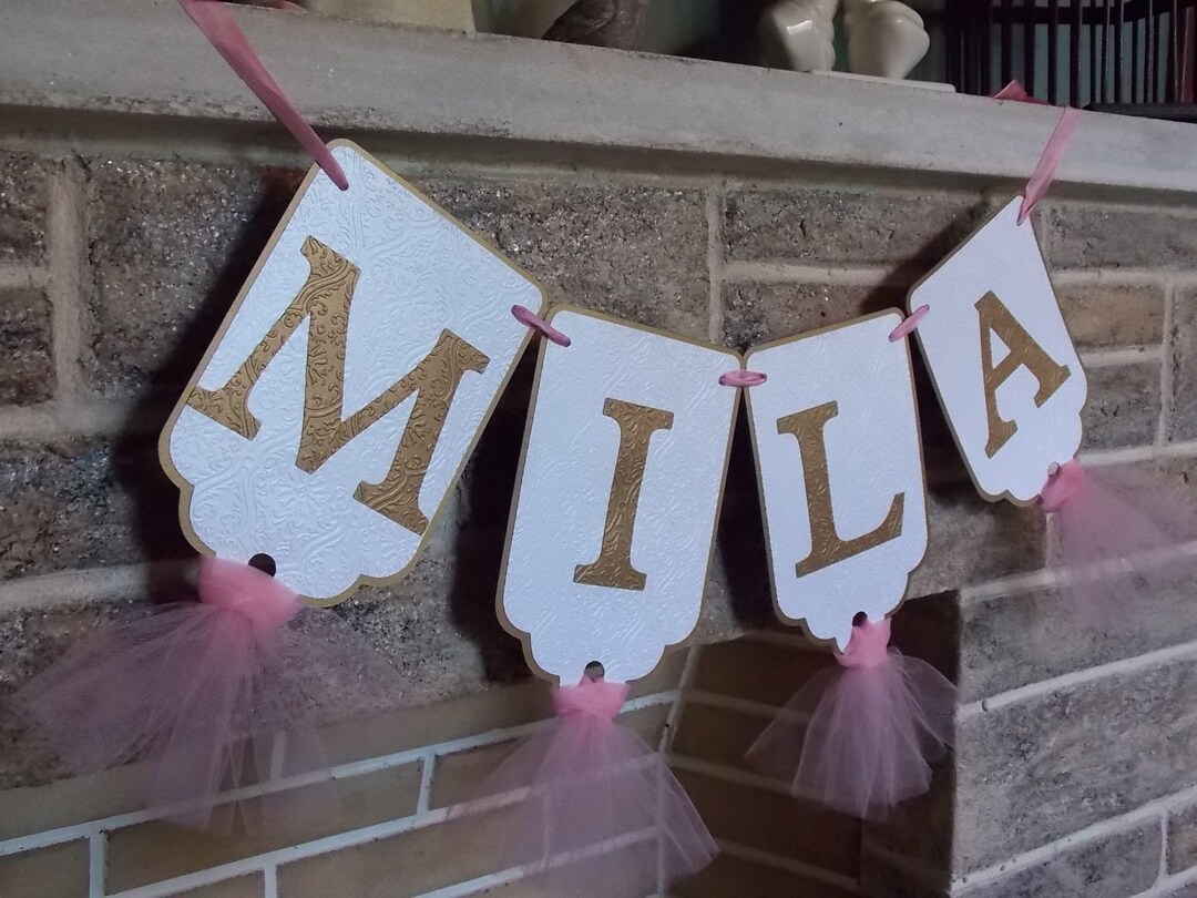 Girls Custom Name Banner, Large Size Embossed White Pink and Gold ...