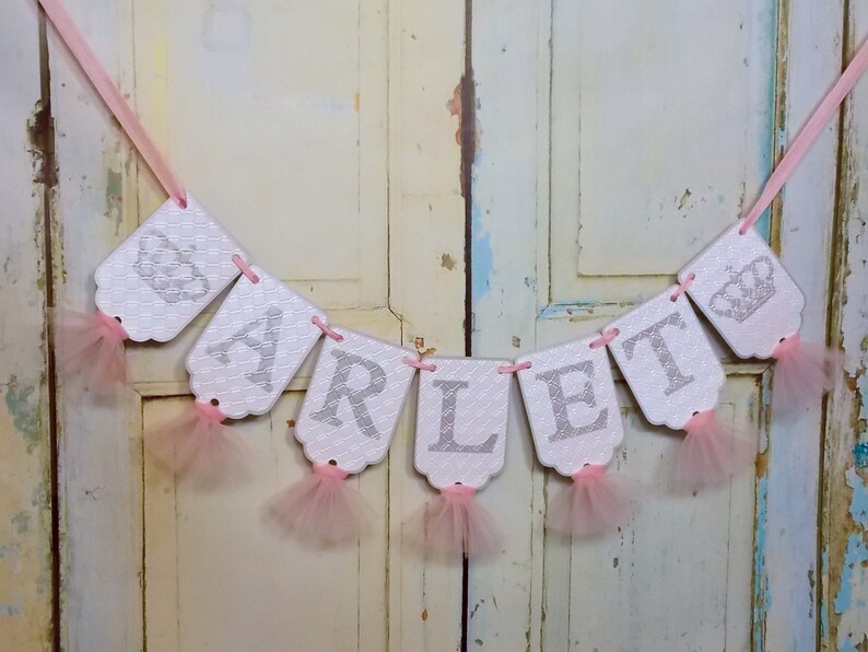 Girls Name Banner with Crowns White Pink and Silver Banner | Etsy