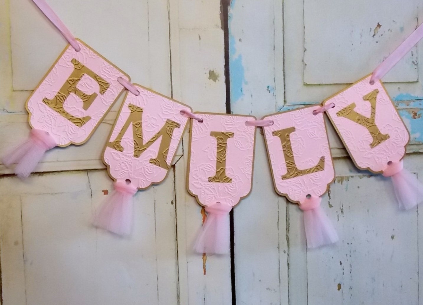 Custom Girl's Name Banner, Pink and Gold Banner With Rose Embossing ...