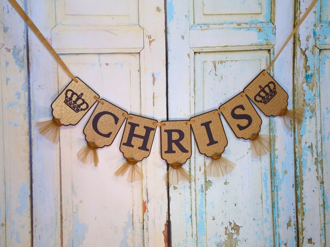 Boys Name Banner With Crowns Black and Gold Banner With Tulle - Etsy