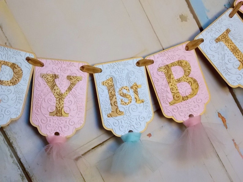 Happy 1st Birthday Banner Embossed Aqua Pink and Gold Banner - Etsy