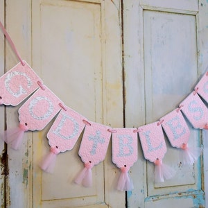 God Bless Baptism Banner in Pink and Silver, Christening Decoration ...