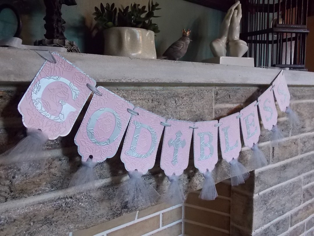 God Bless Baptism Banner in Pink and Silver, Christening Decoration ...